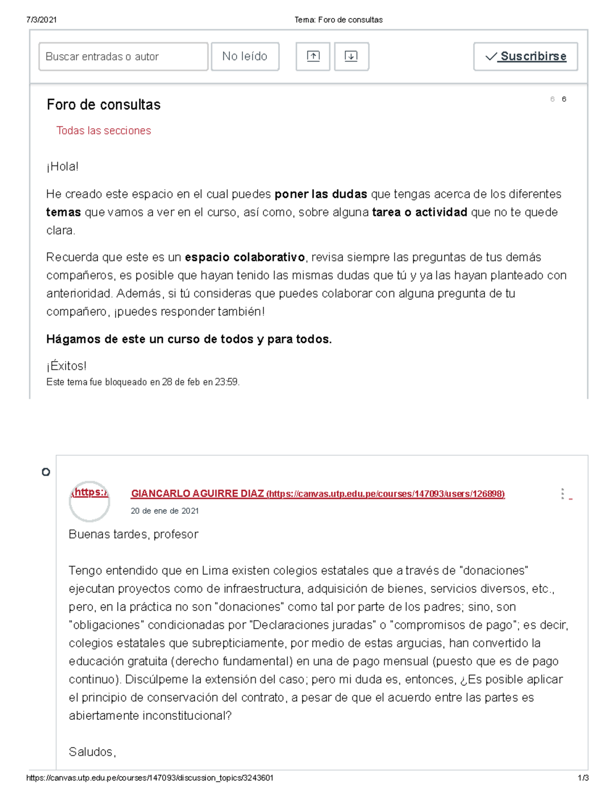 Tema Foro de consultas - 7/3/2021 Tema: Foro de consultas - Studocu