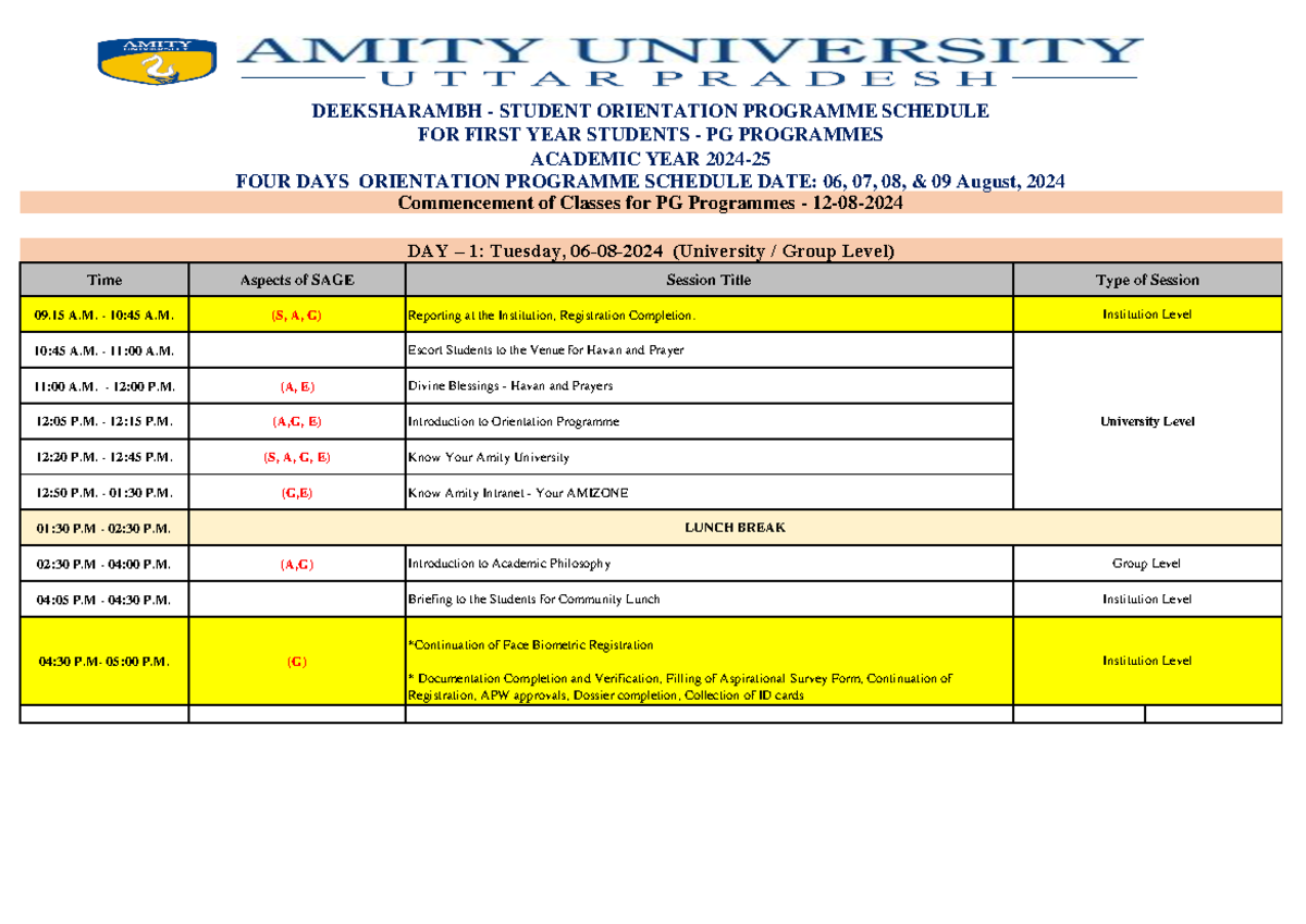 Final Master Orientation Schedule PG First Year Student's Orientation ...