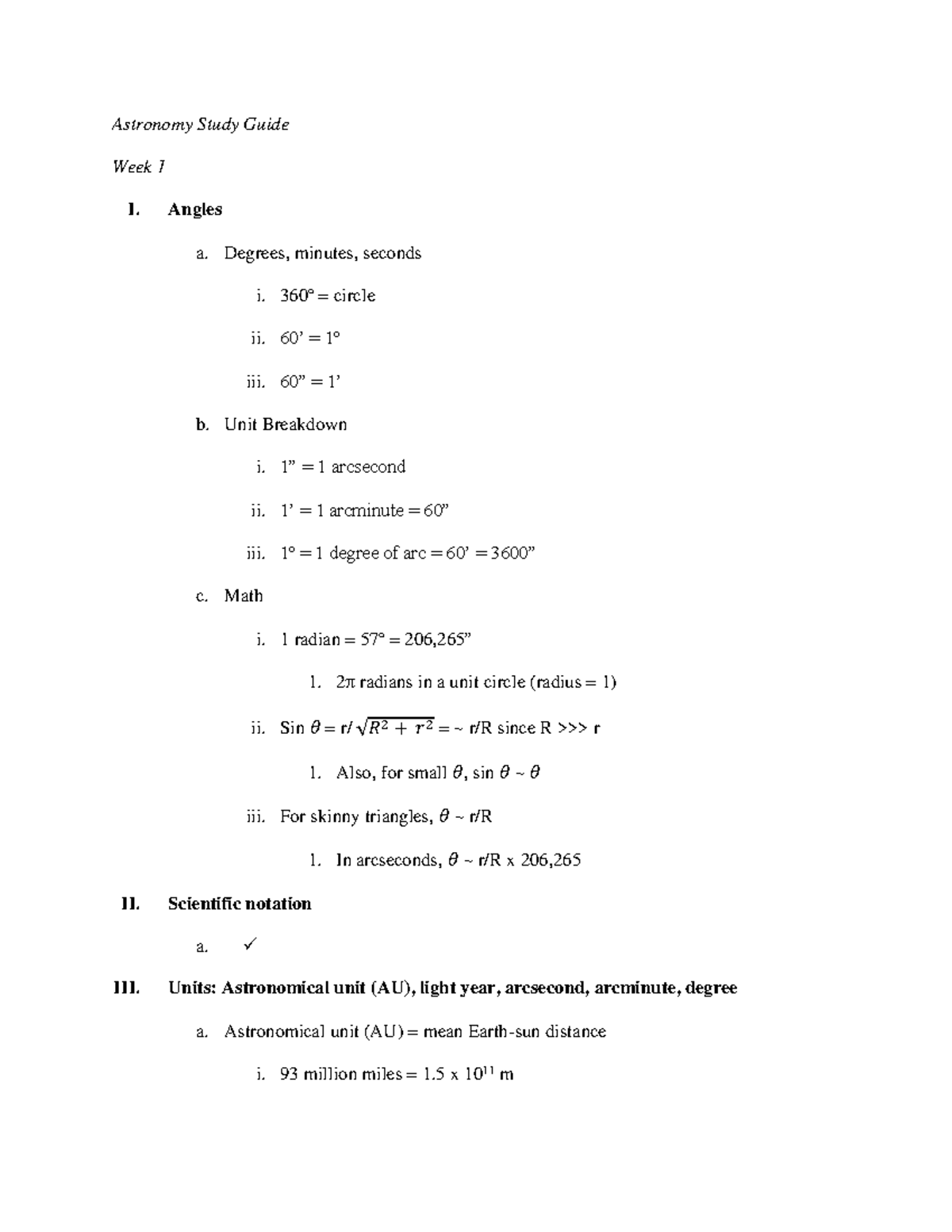 Astro Study Guide - Astronomy Study Guide Week 1 I. Angles a. Degrees ...