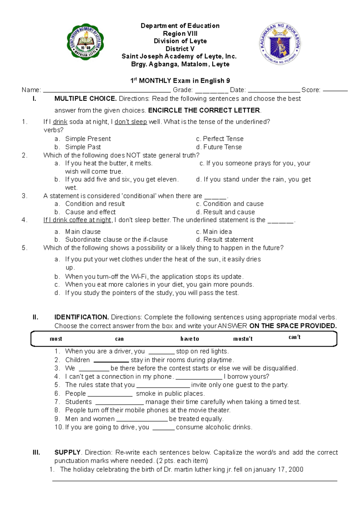 1ST Monthly EXAM grade 9 - must can have to mustn’t can’t Department of ...
