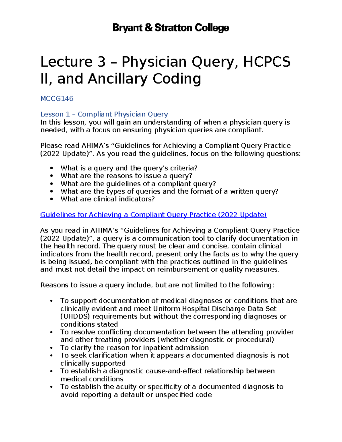 MCCG146 - Lecture 3 - Physician Query, Hcpcs II, and Ancillary Coding ...