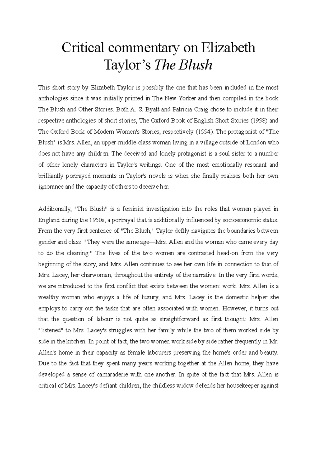 Critical commentary on Elizabeth Taylor’s The Blush - Critical ...