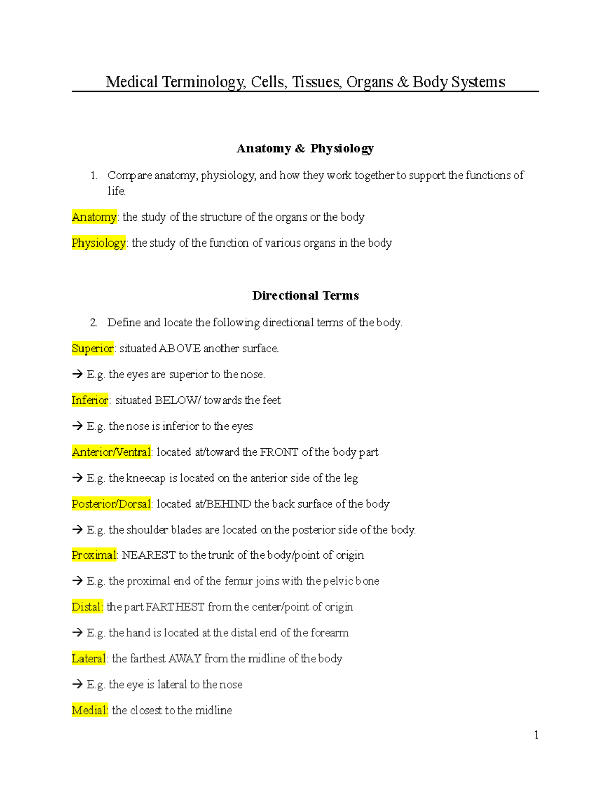Week 1 PSHS 100 - Medical Terminology - Medical Terminology, Cells ...