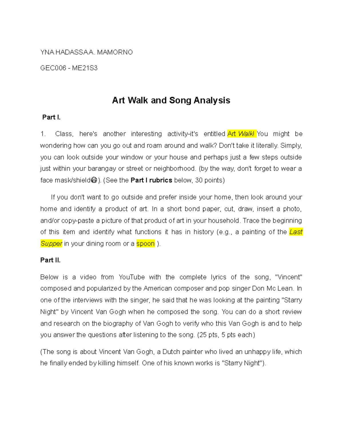 Art Walk and Song Analysis - Mamorno - YNA HADASSA A. MAMORNO GEC006 ...