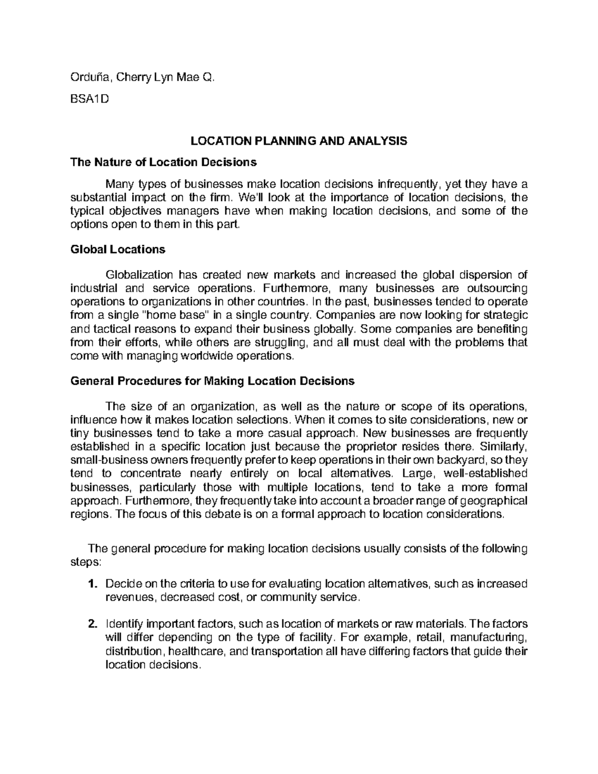 Location Planning AND Analysis - Orduña, Cherry Lyn Mae Q. BSA1D ...