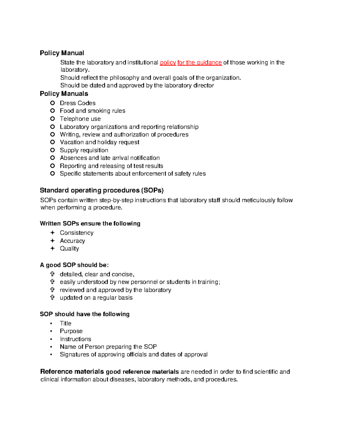 Policy Manual Notes - summary - Policy Manual State the laboratory and ...