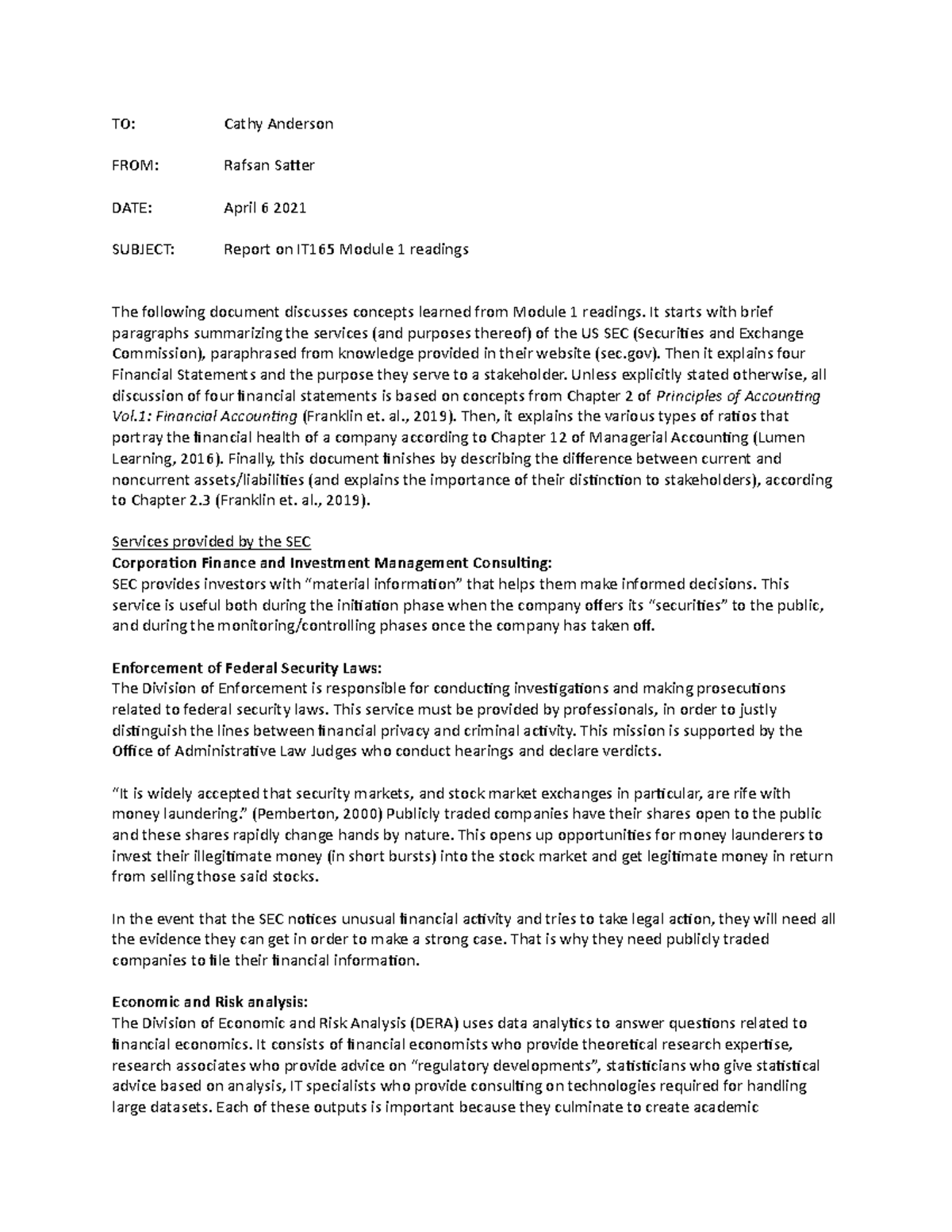 A1. Module 1 Reading Report - TO: Cathy Anderson FROM: Rafsan Satter ...