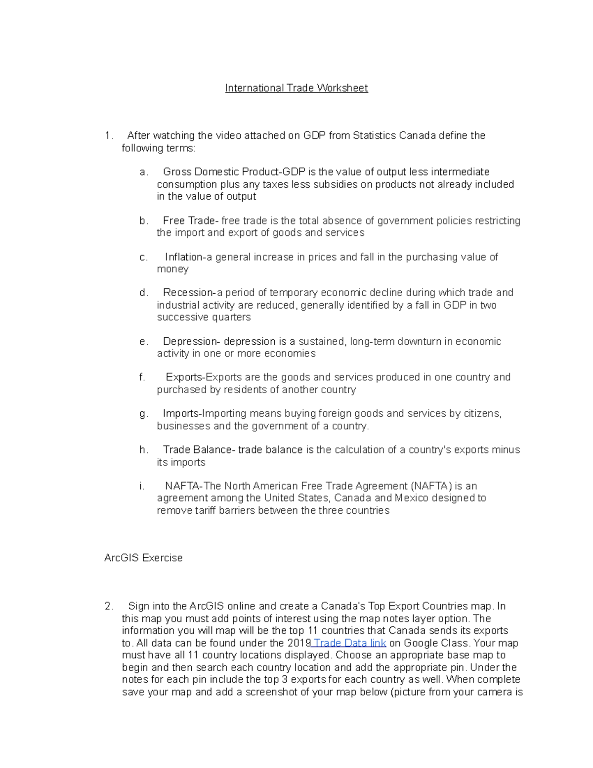 International Trade Worksheet - International Trade Worksheet After ...