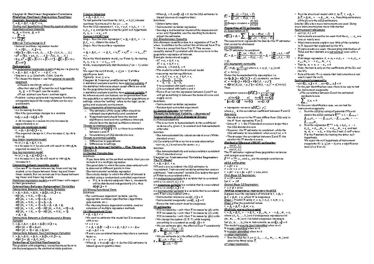 AE Cheat Sheet - Final - Chapter 8: Nonlinear Regression Functions Modeling Nonlinear Regression ...
