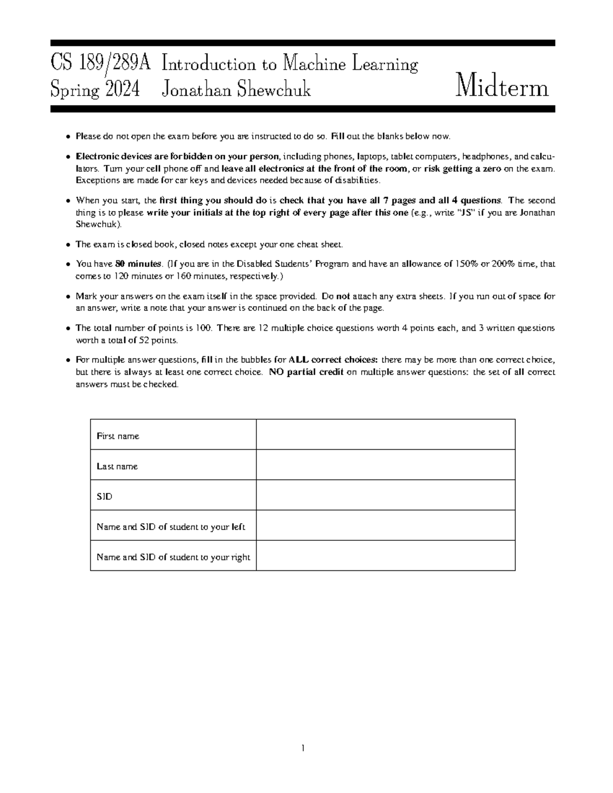 Mids24 - Midterm 2024 - CS 189/289A Spring 2024 Introduction to Machine ...