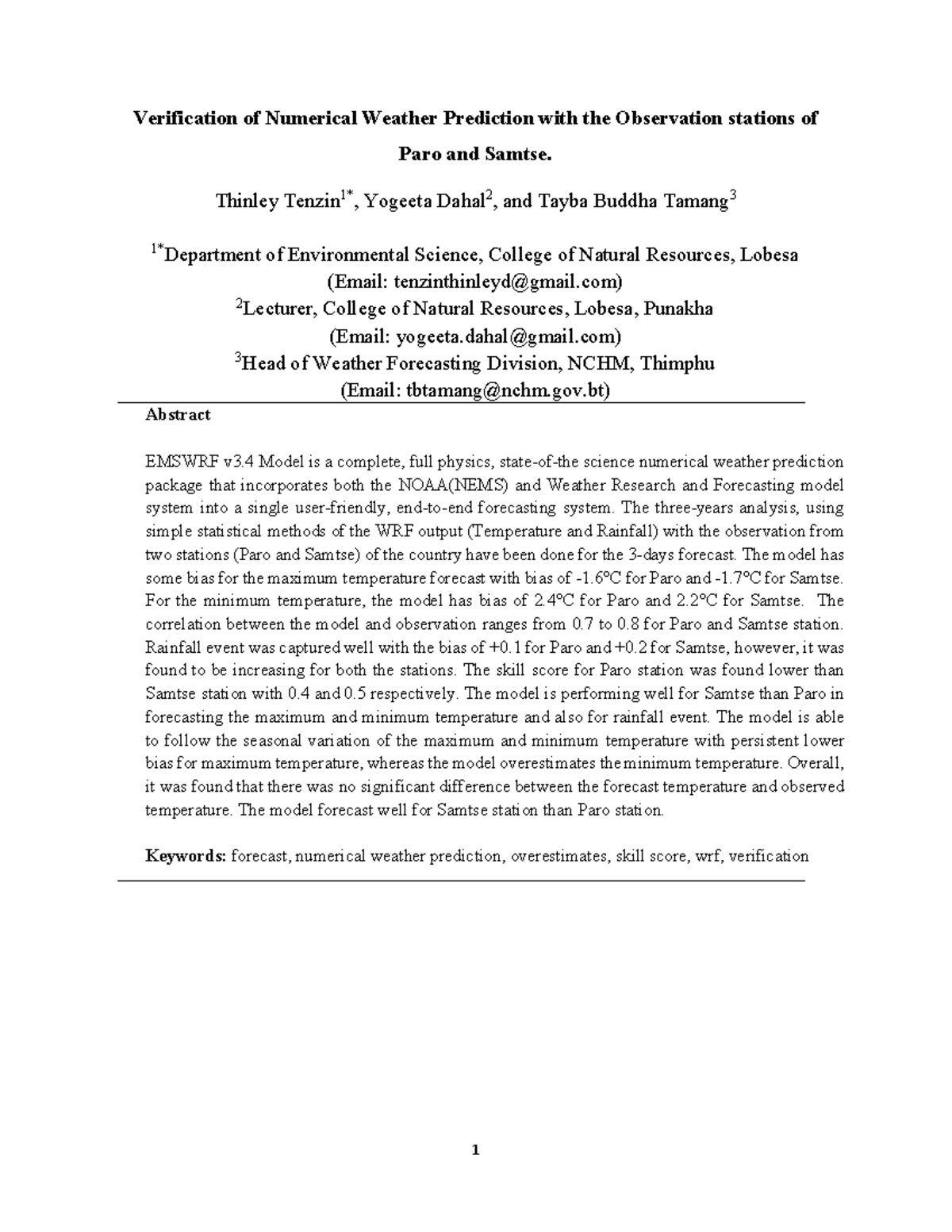 Resubmission Article Thinley Tenzin - Verification of Numerical Weather ...