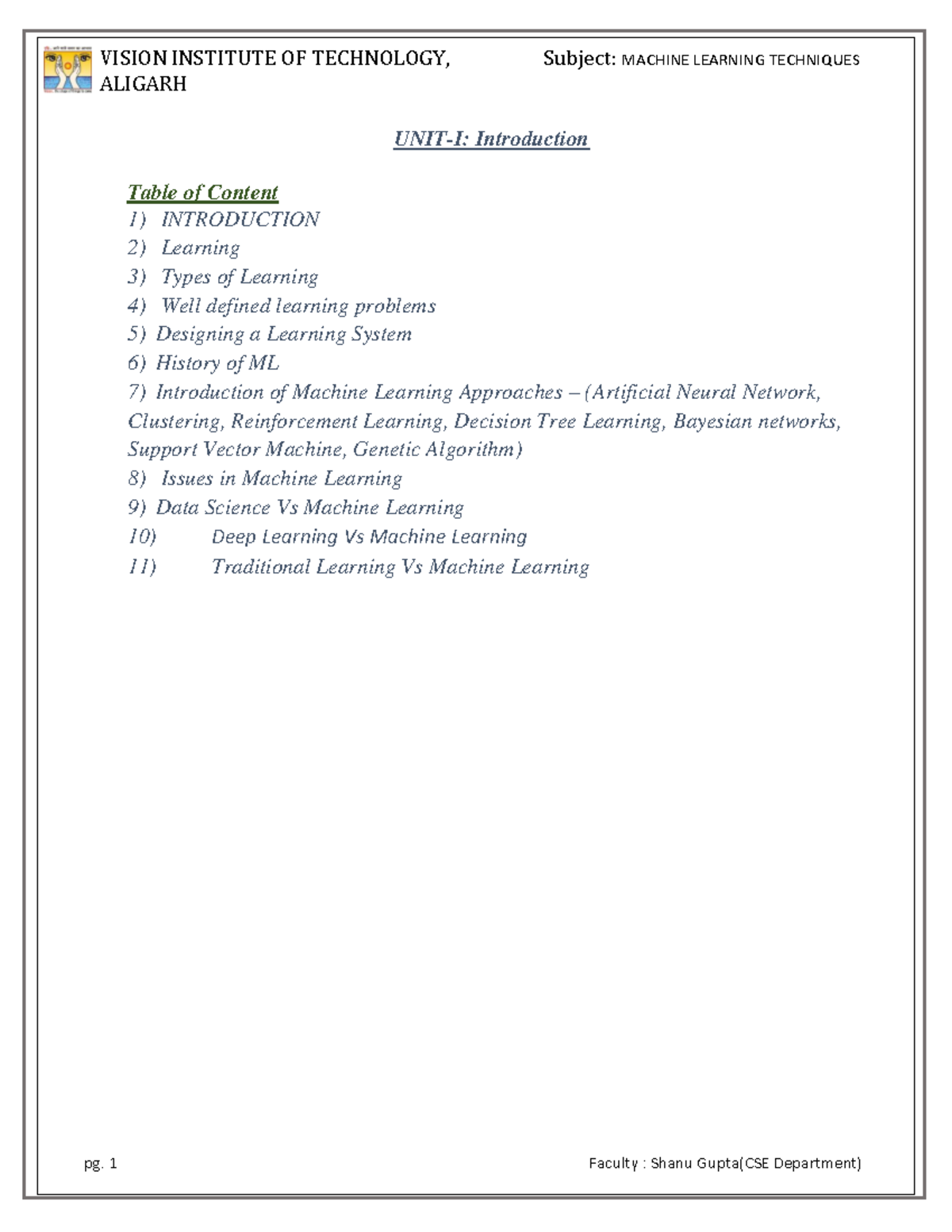 Unit-1 - ALIGARH UNIT-I: Introduction Table of Content 1) INTRODUCTION ...