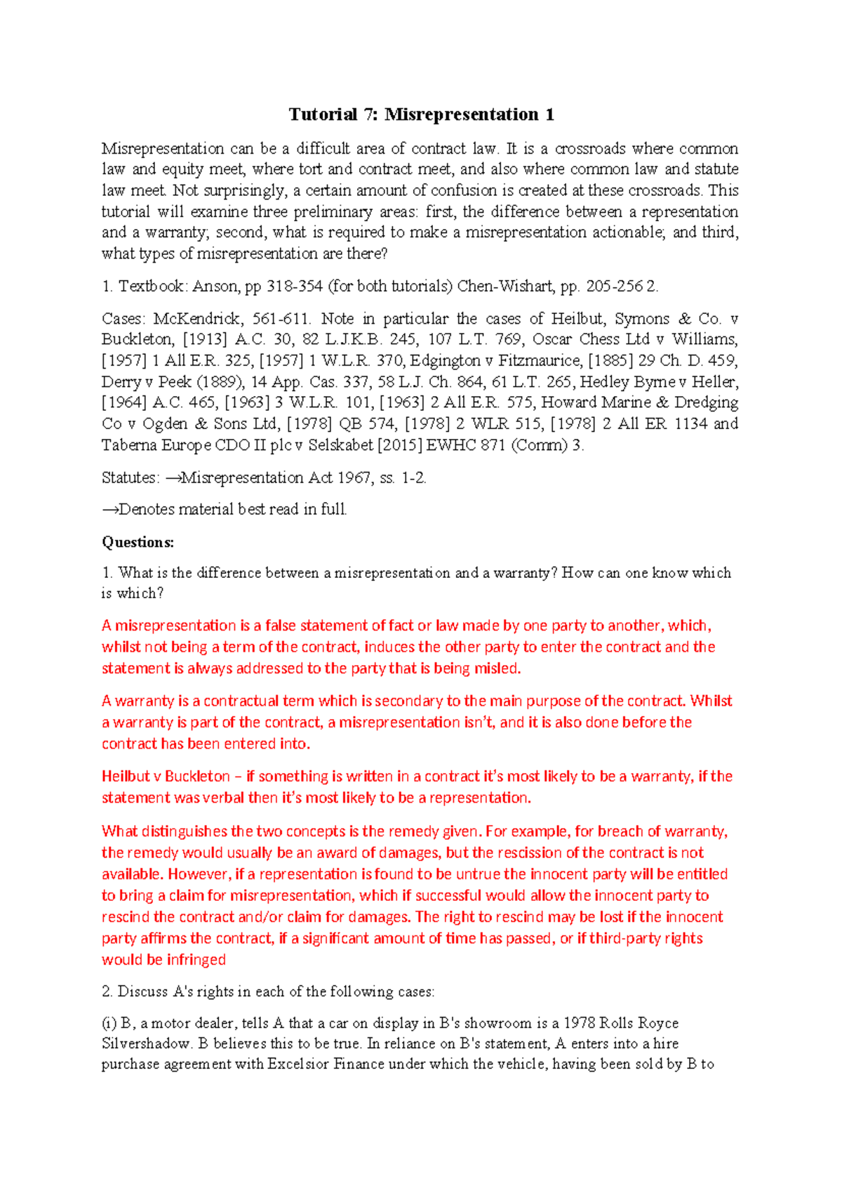 Tutorial 7 - Questions - Tutorial 7: Misrepresentation 1 Misrepresentation can be a difficult ...