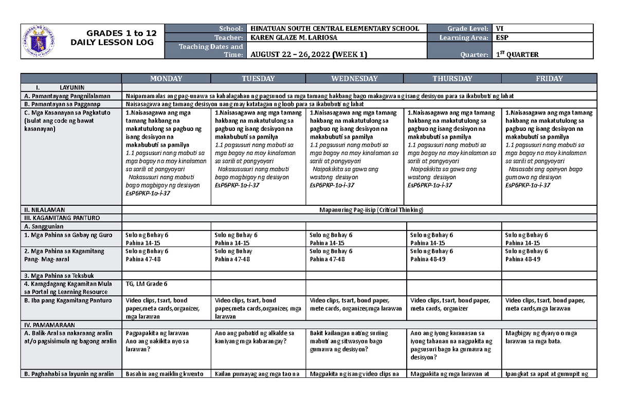 DLL ESP 6 Q1 W1 - DLL - GRADES 1 to 12 DAILY LESSON LOG School: HINATUAN SOUTH CENTRAL ...