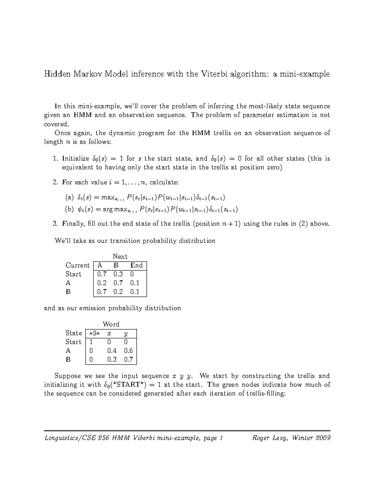 Zz hmm viterbi mini example - Hidden Markov Model inference with the Viterbi algorithm: a - Studocu
