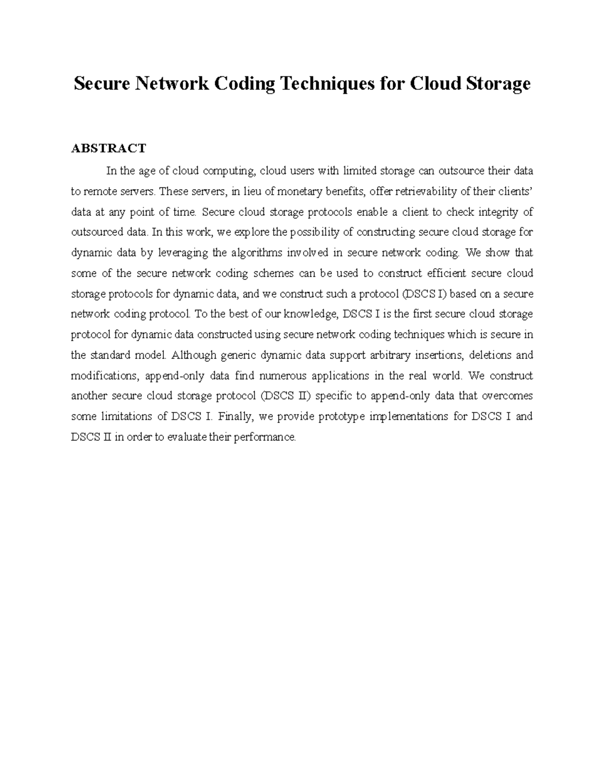 MJNW05 2022- Final Document - Secure Network Coding Techniques for Cloud Storage ABSTRACT In the ...