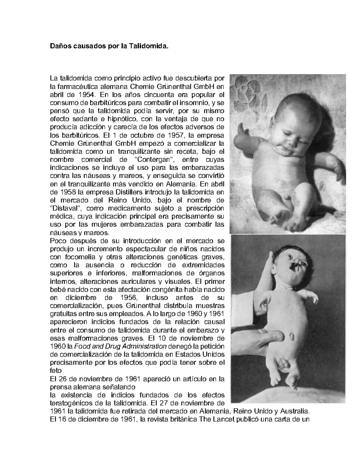 Daños causados por la Talidomida - Medicina - UVM - Studocu