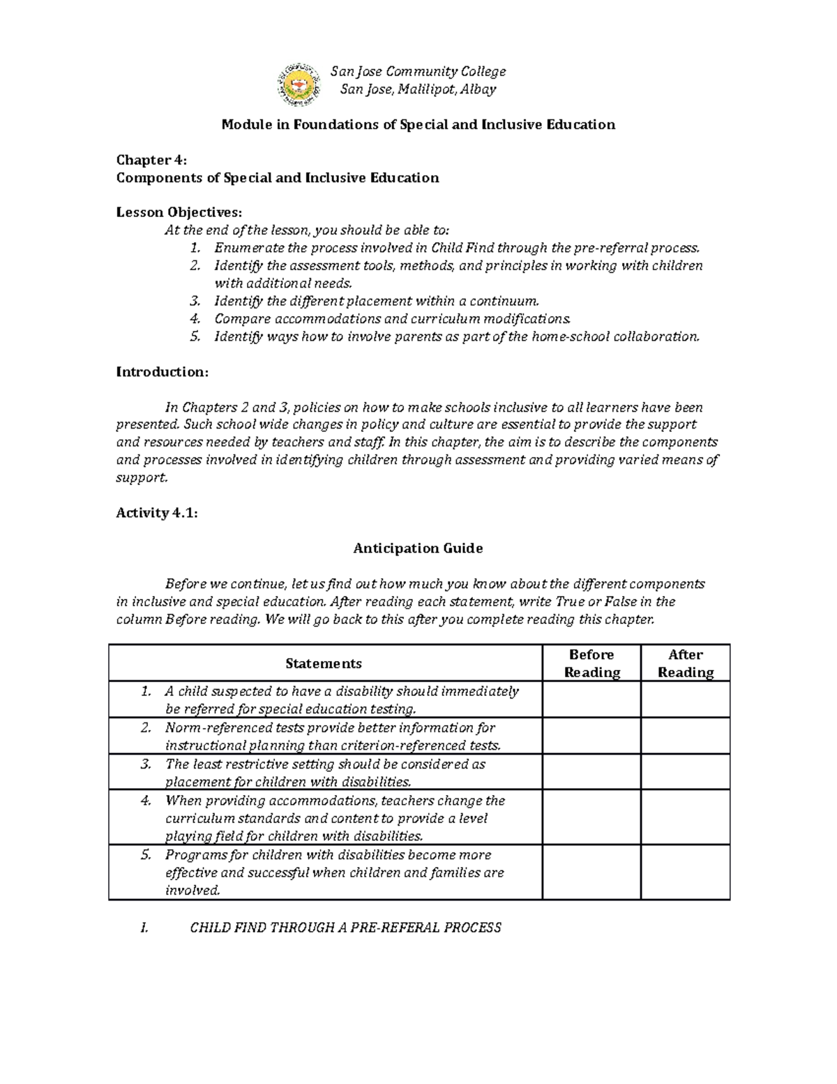 Module in Foundations of Special and Inclusive Education - San Jose ...