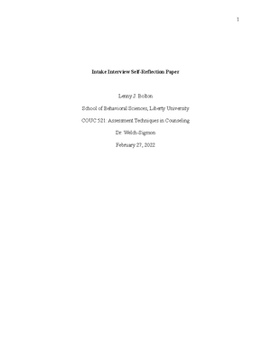 Bolton L COUC521 Benchmark Intake Report Part One Initial Interview Assignment - Benchmark ...