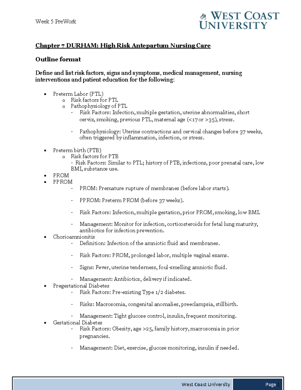 Week 5 Pre Work - OB Clinicla Prep day pre work - Chapter 7 DURHAM ...
