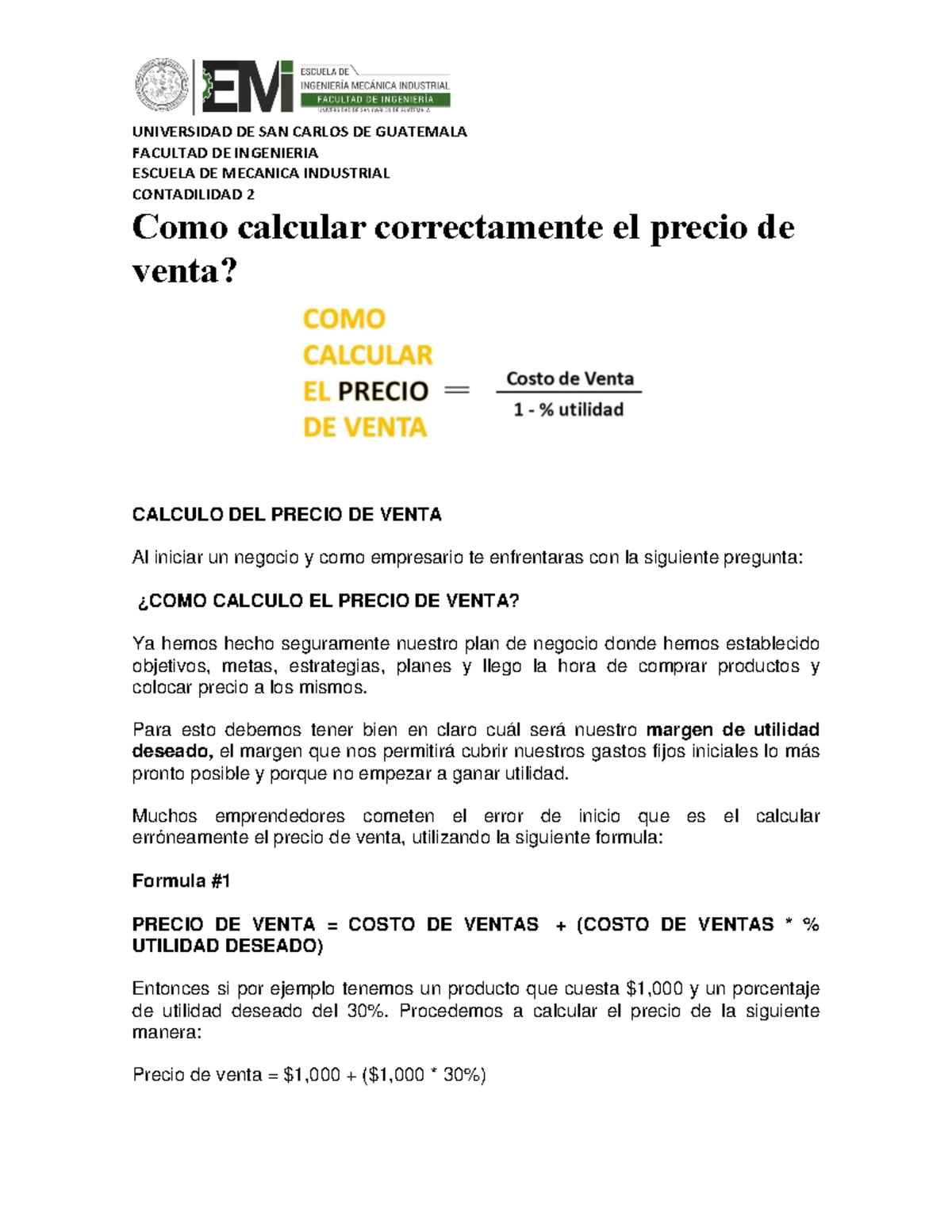Como Calcular Correctamente El Precio De Venta Facultad De Ingenieria