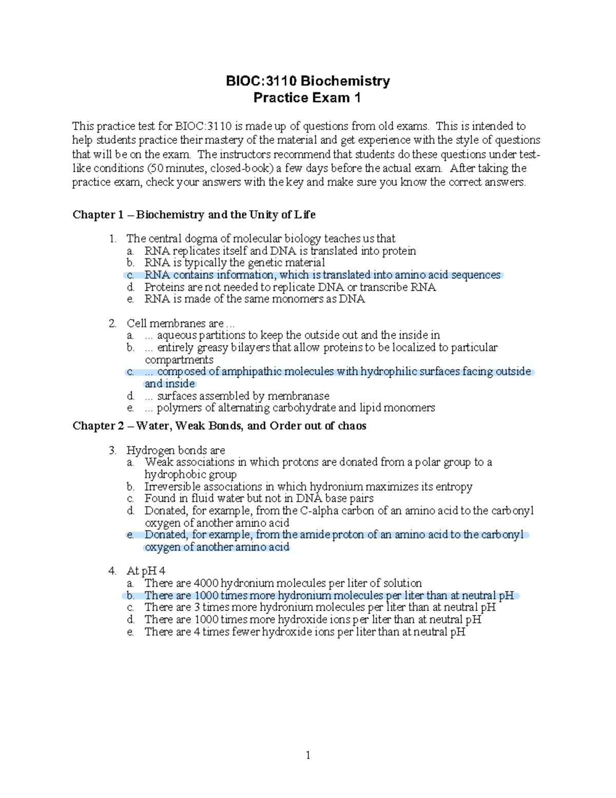Biochem practice exam key - BIOC:3110 Biochemistry Practice Exam 1 This ...