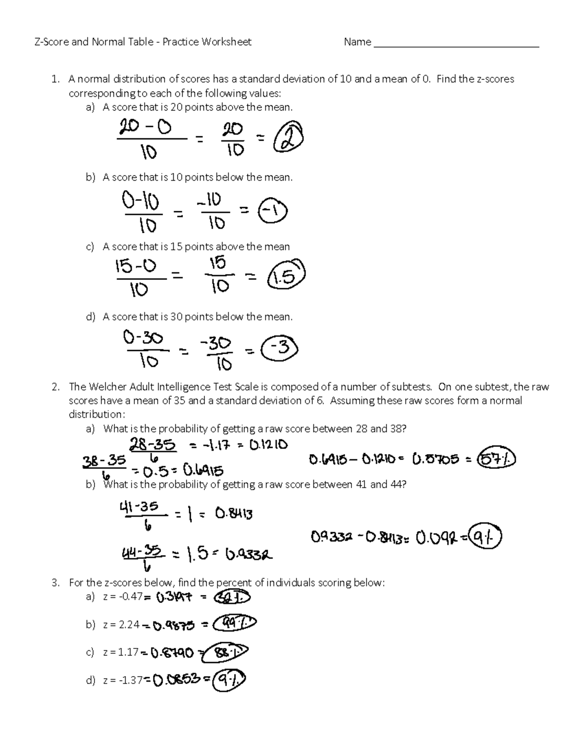 Week 7 Homework - Z-Score and Normal Table - Practice Worksheet Name