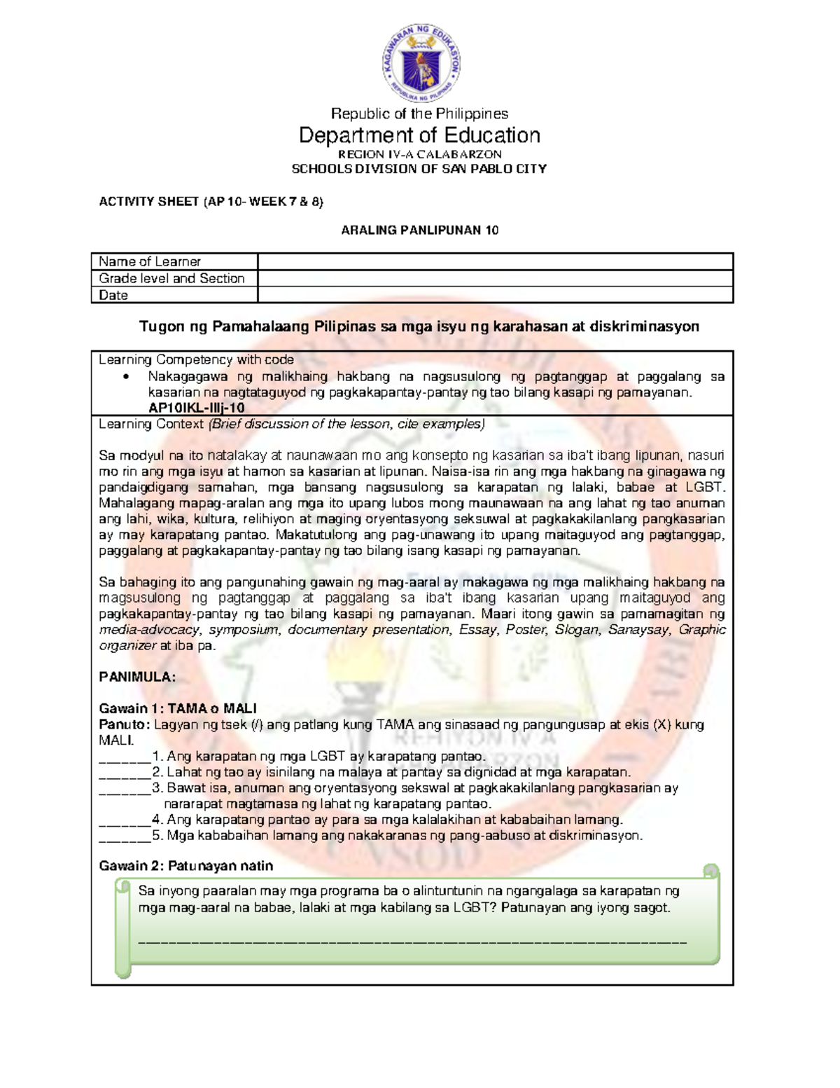 AP G10 - LAS Week 7 and 8 - SDO-SAN- Pablo-CITY Mylene a. Salubayba ...