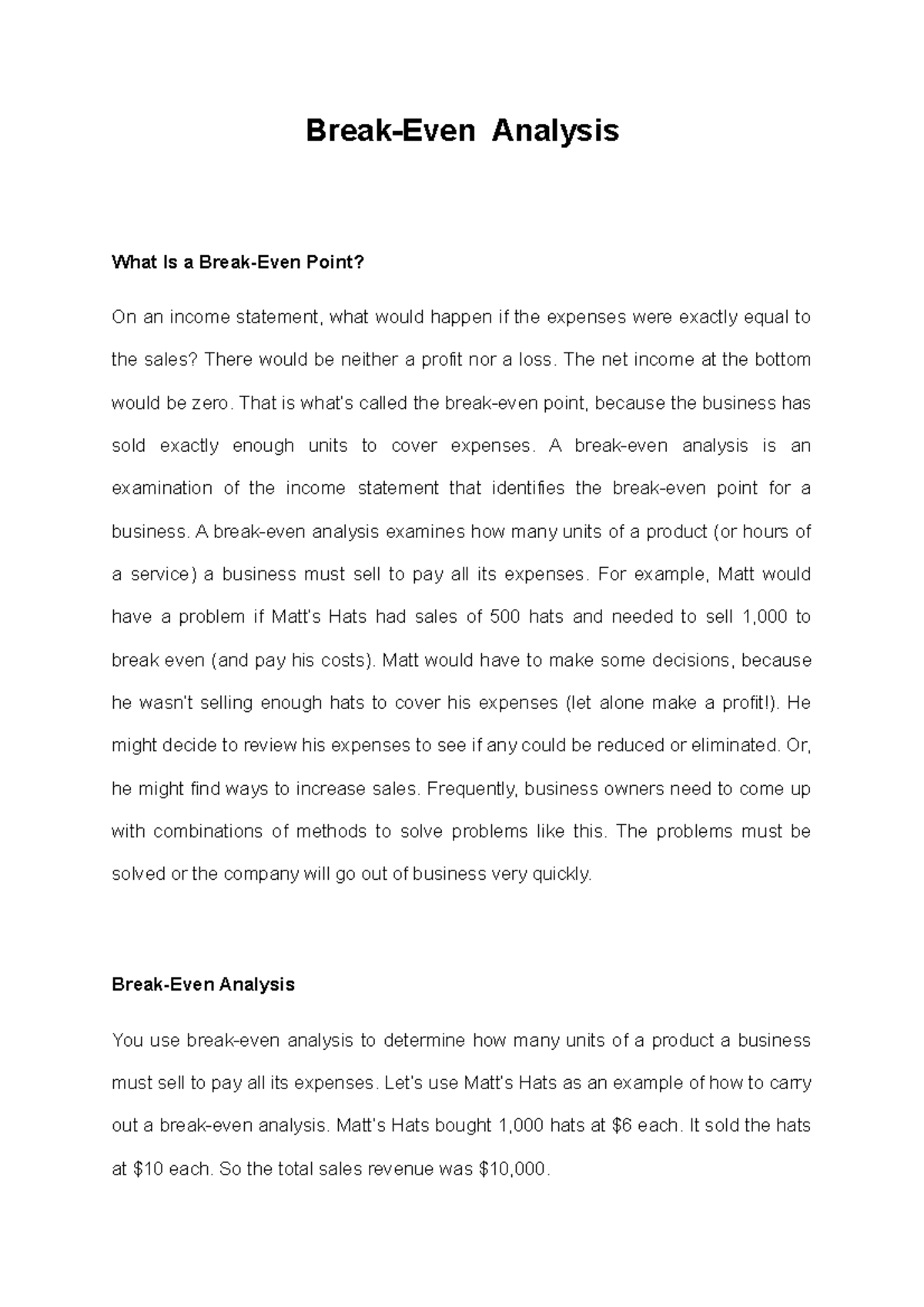 Break-Even Analysis - notes that have a definitions, examples, solution ...