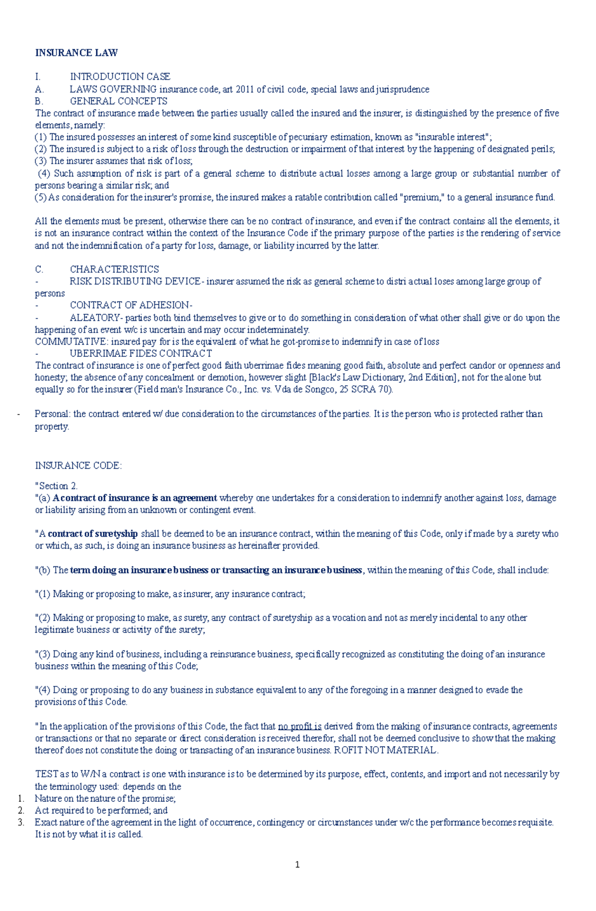 Intro notes Contract OF Insurance Copy - INSURANCE LAW I. INTRODUCTION ...