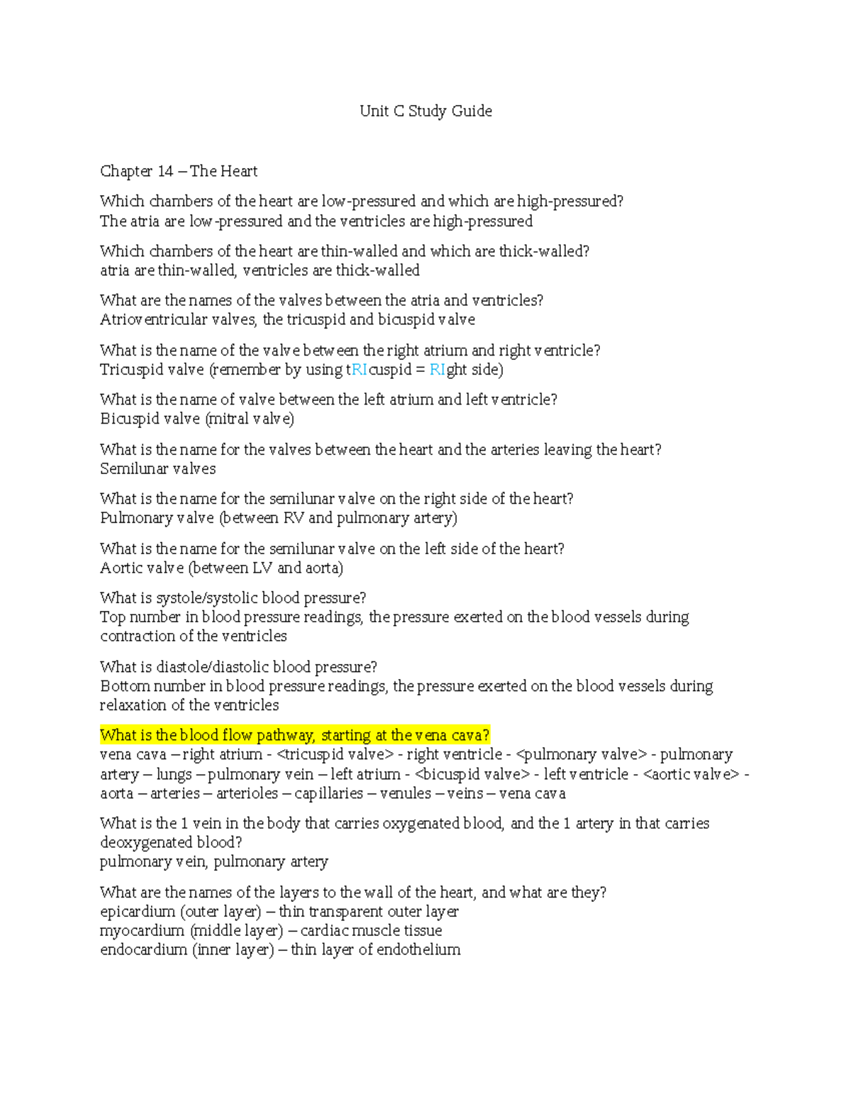 Unit C Study Guide 2967 - Unit C Study Guide Chapter 14 – The Heart ...