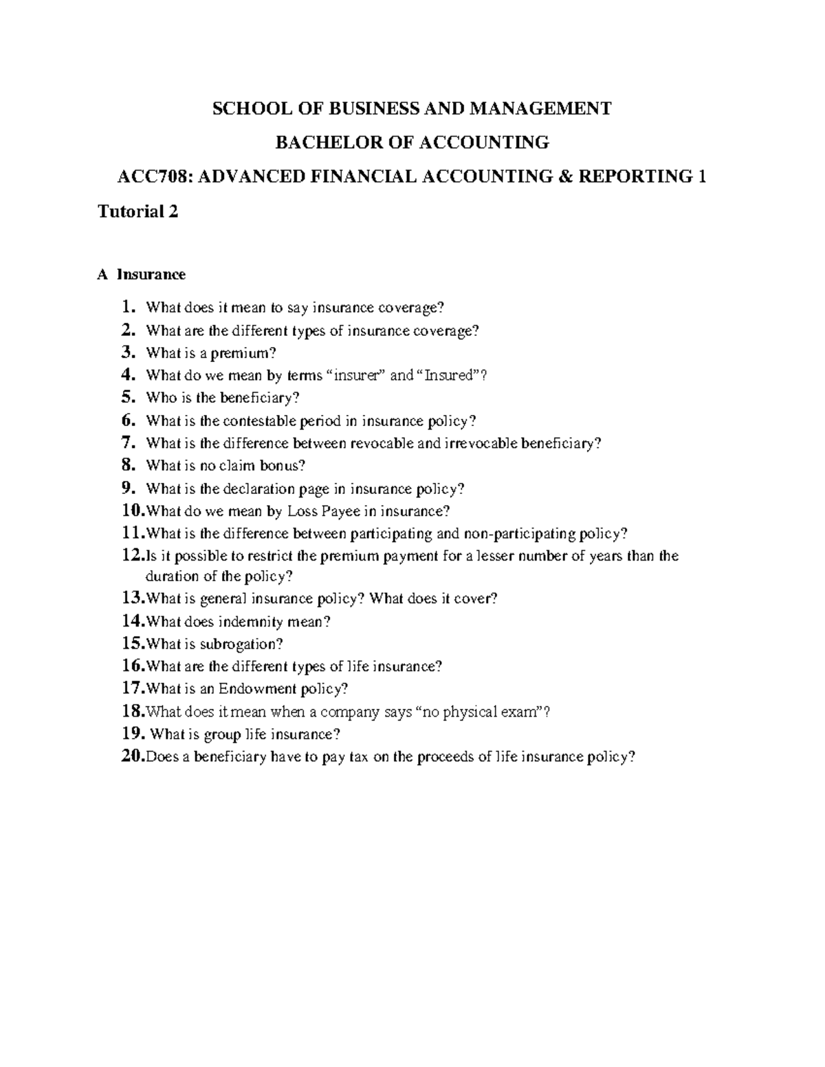 SINU ACC708 Tutorial 2 - Bacha - SCHOOL OF BUSINESS AND MANAGEMENT ...