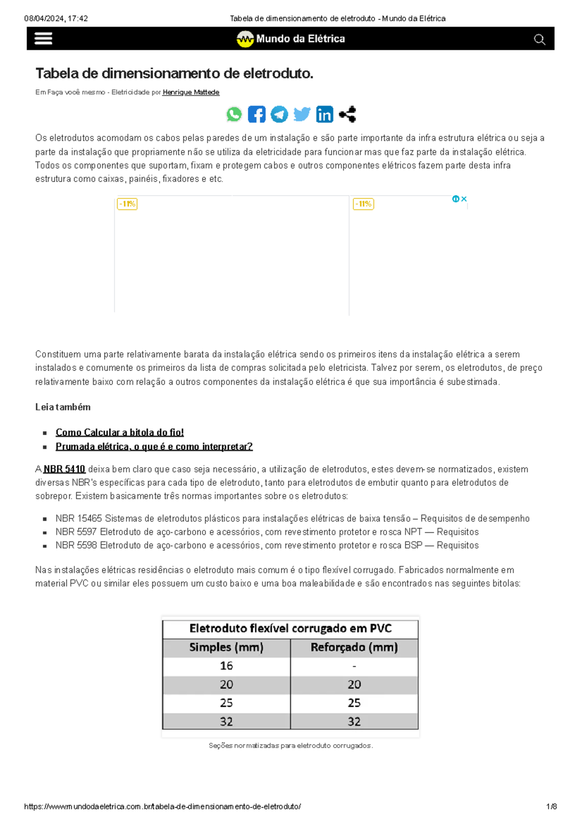 Tabela de dimensionamento de eletroduto - Mundo da Elétrica - Tabela de ...
