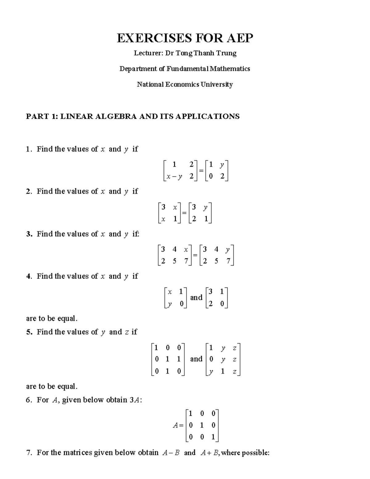 Exercises for advanced programĐHHH2023 - EXERCISES FOR AEP Lecturer: Dr ...