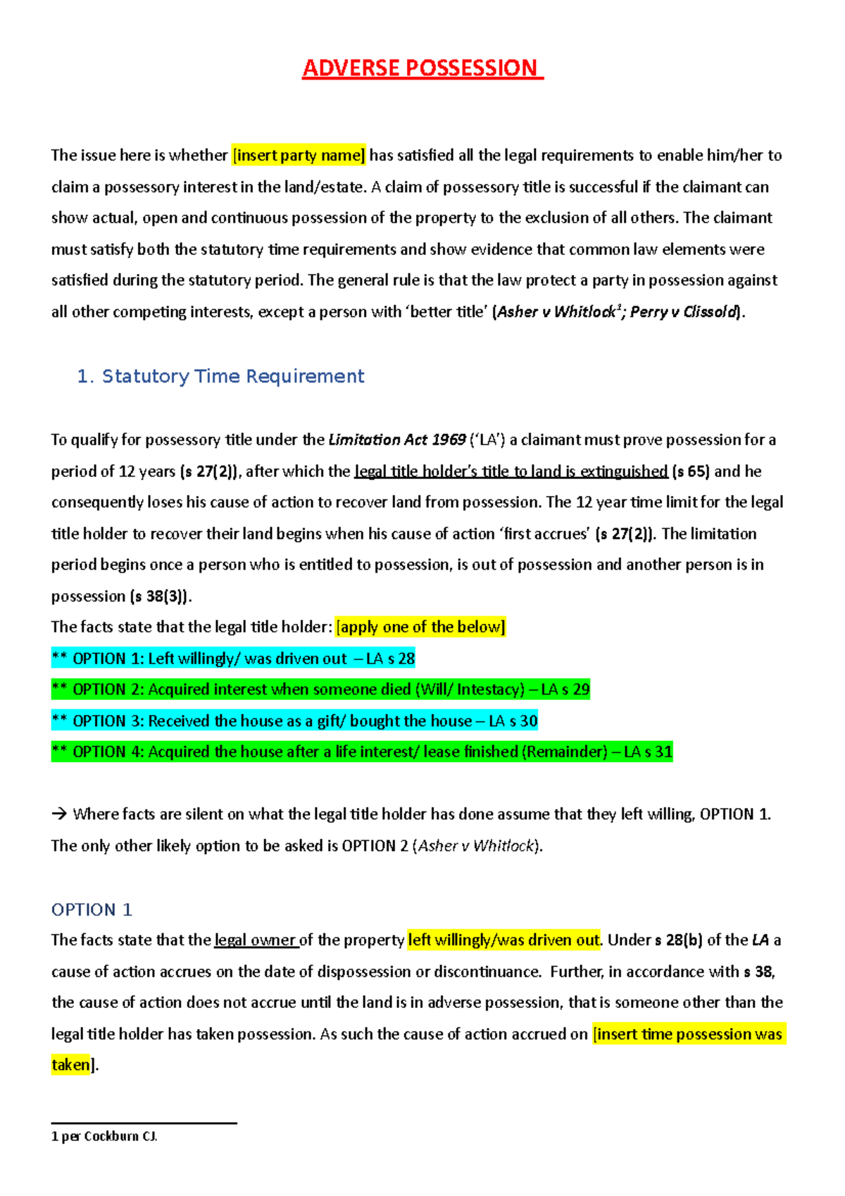 Adverse Possession Template - ADVERSE POSSESSION The issue here is ...