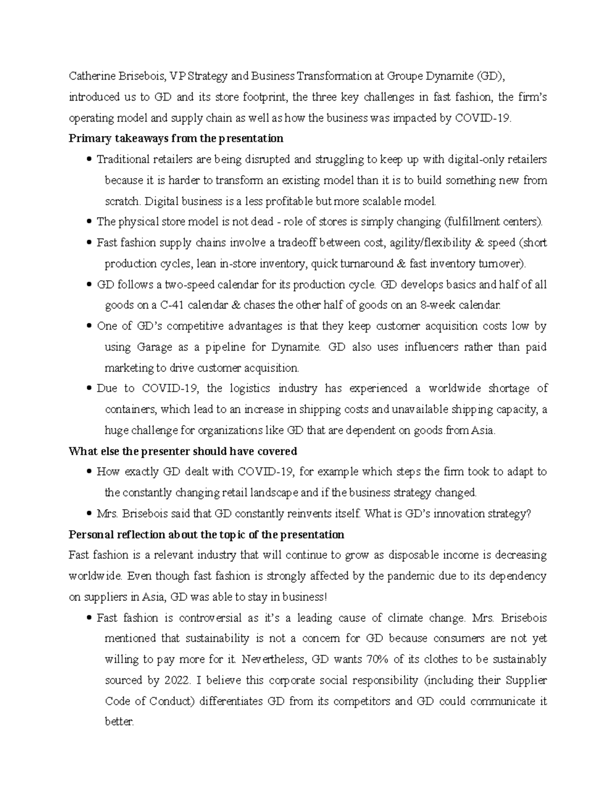 Reflection paper example(Group Dynamite) - Catherine Brisebois, VP ...