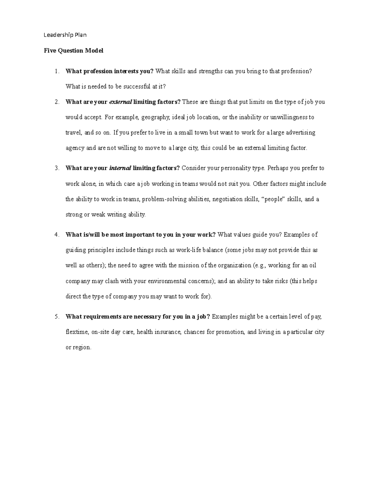 Leadership Plan Notes Mod 8 BUS - Leadership Plan Five Question Model ...