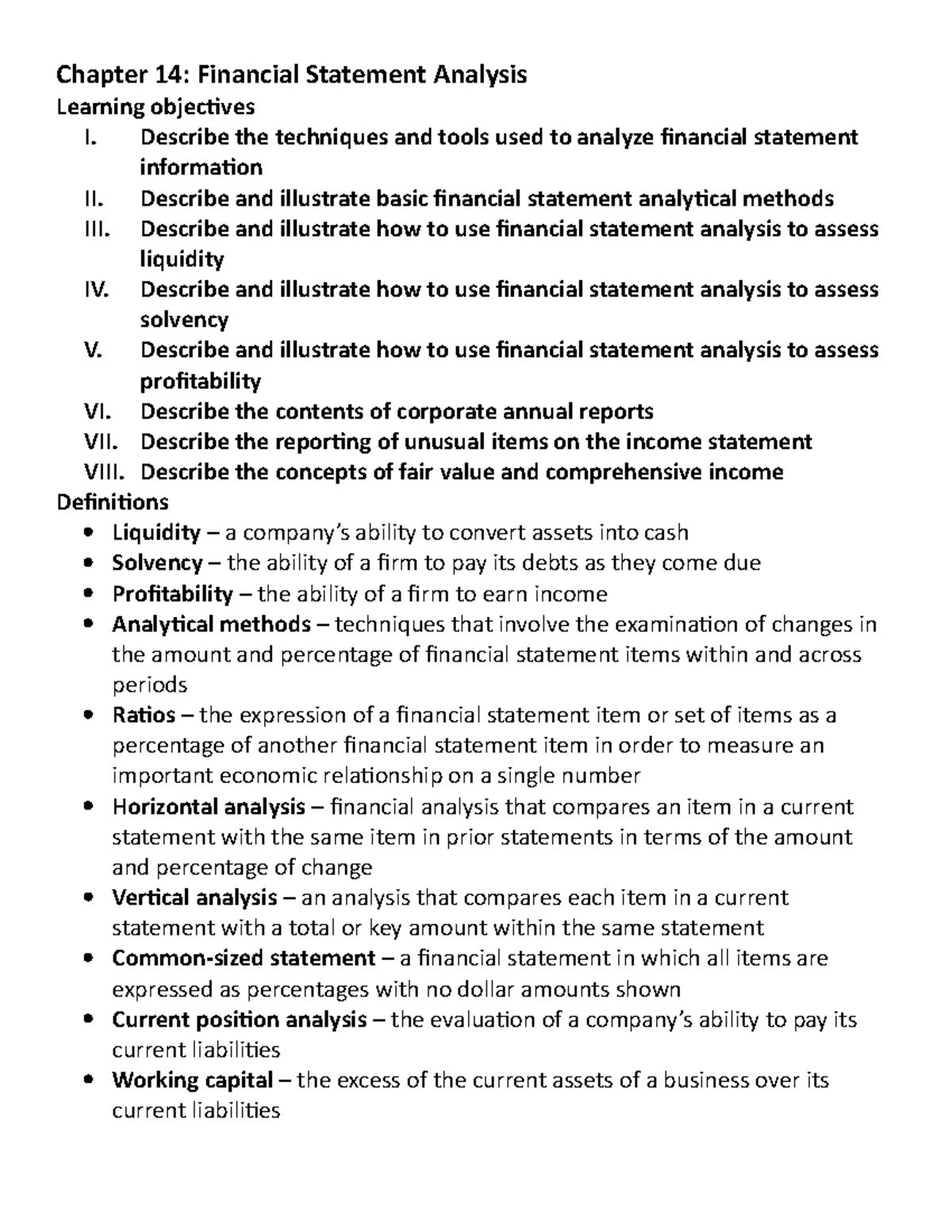 Chapter 14 notes - Chapter 14: Financial Statement Analysis Learning ...