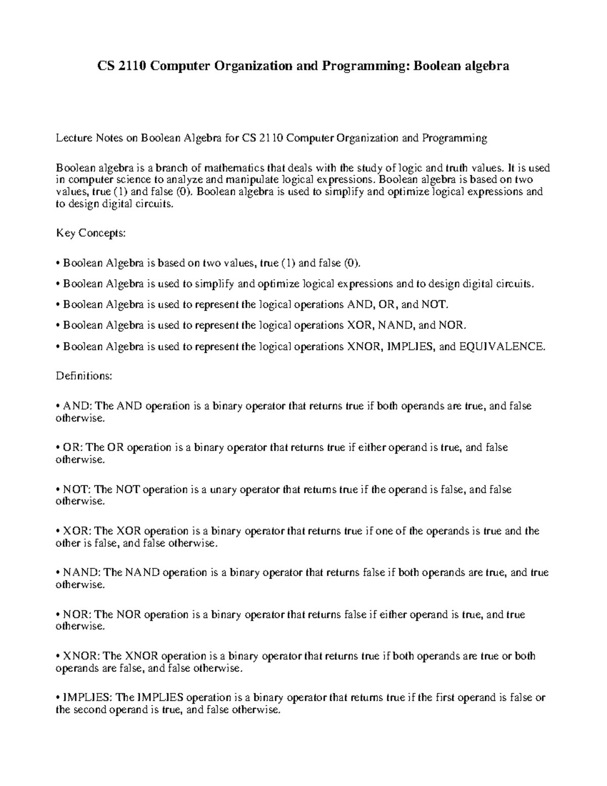CS 2110 Computer Organization And Programming Boolean Algebra It Is