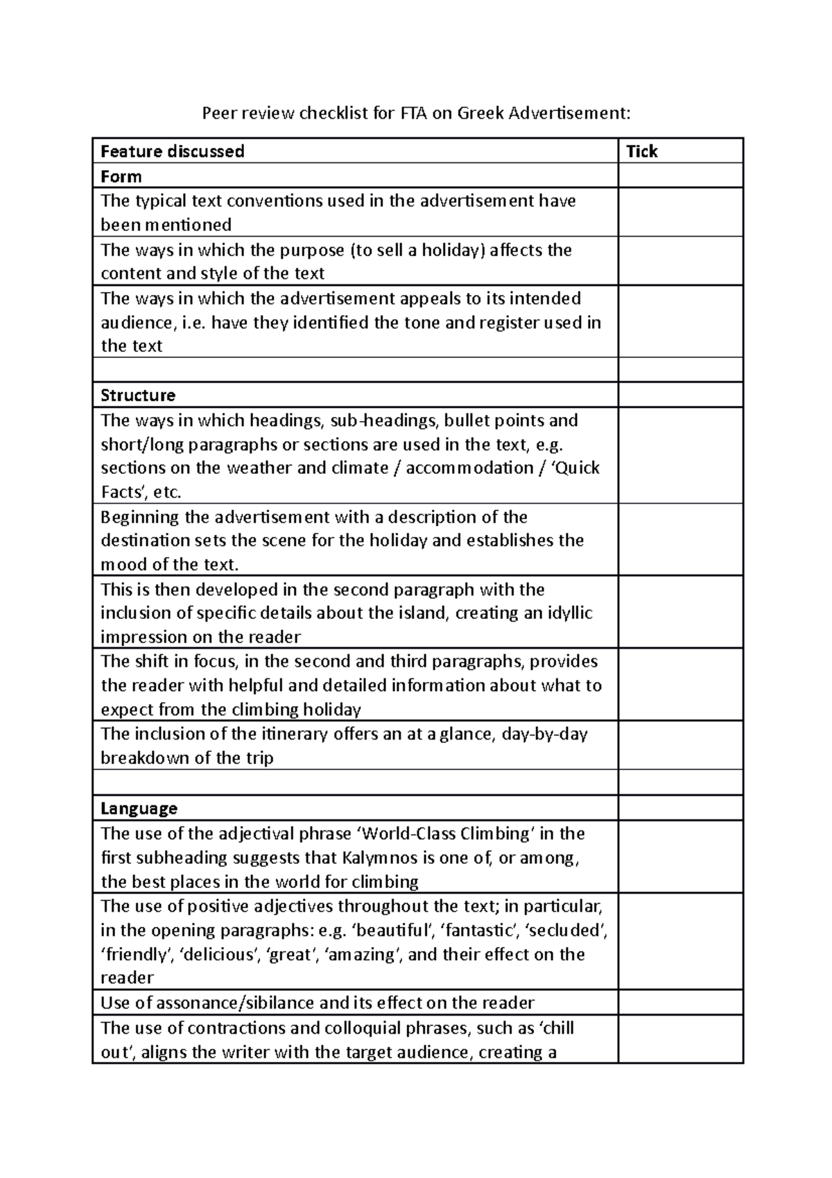 Full FTA Revision - CIE AS English Language - Peer review checklist for ...