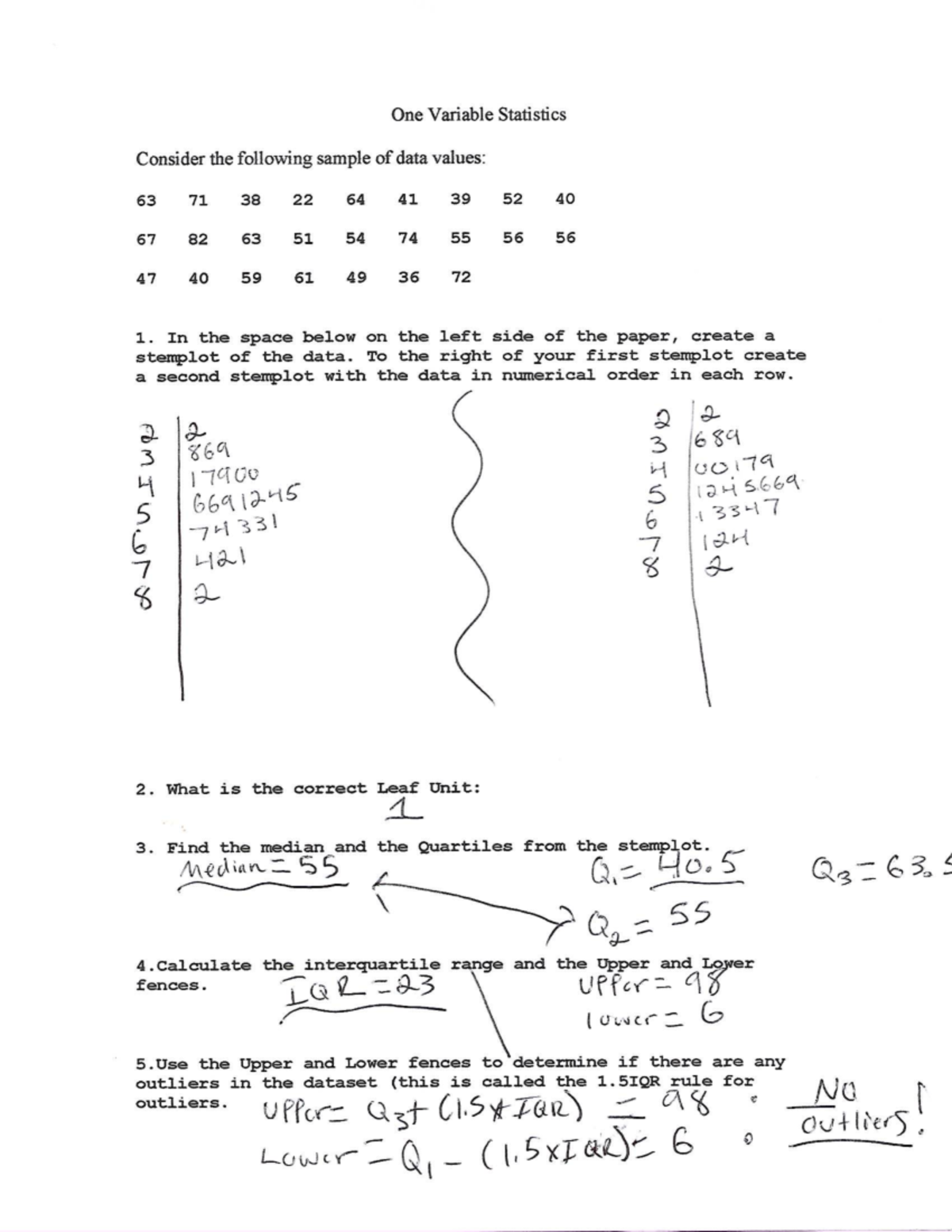 DW#1 - xxxxx - One Variable Statistics Consider the following sample of data values: 63 71 38 22 ...
