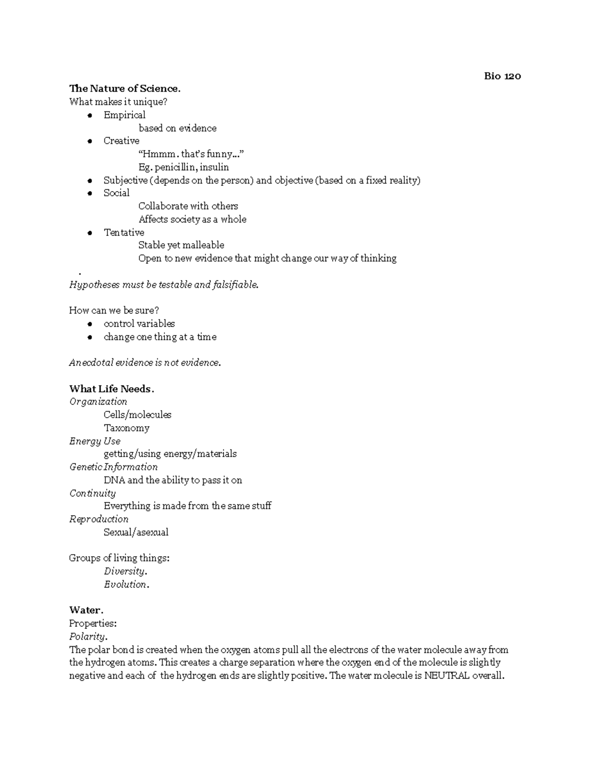 Bio120 Lecture Notes - Bio 120 The Nature of Science. What makes it ...