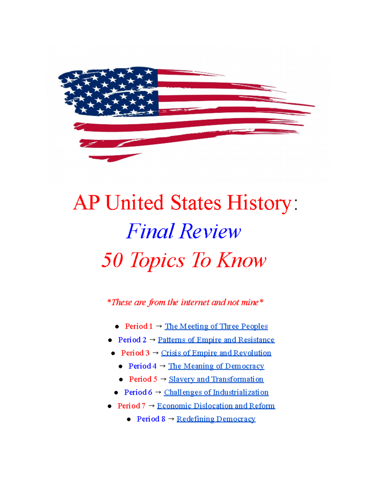 50 Topics to Know - Free premium - AP United States History: Final ...