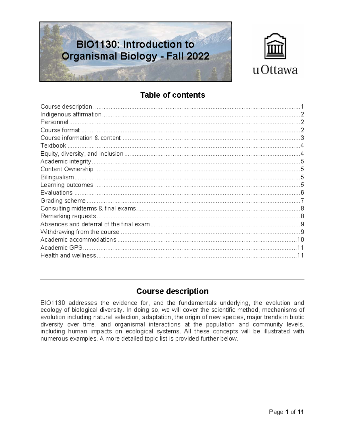 BIO1130-2022-Syllabus - Table of contents Course description - Studocu