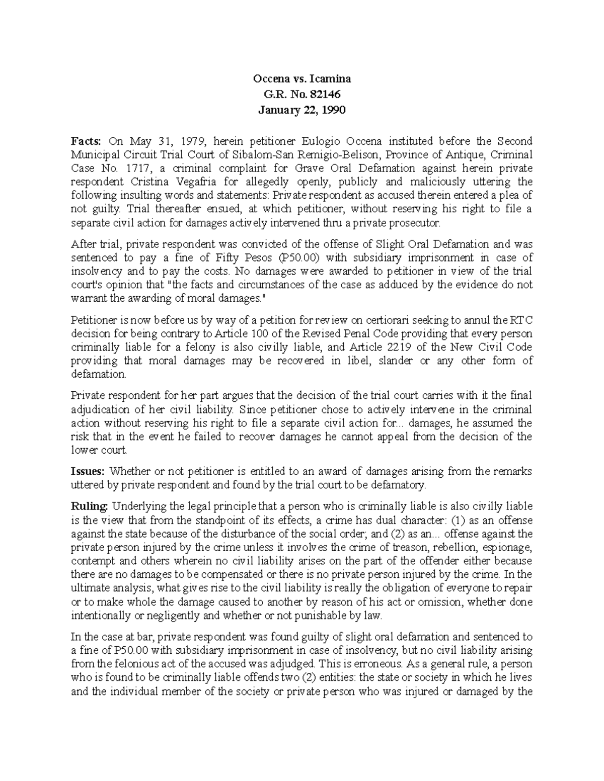 Occena vs Icamina - notes. - Occena vs. Icamina G. No. 82146 January 22 ...