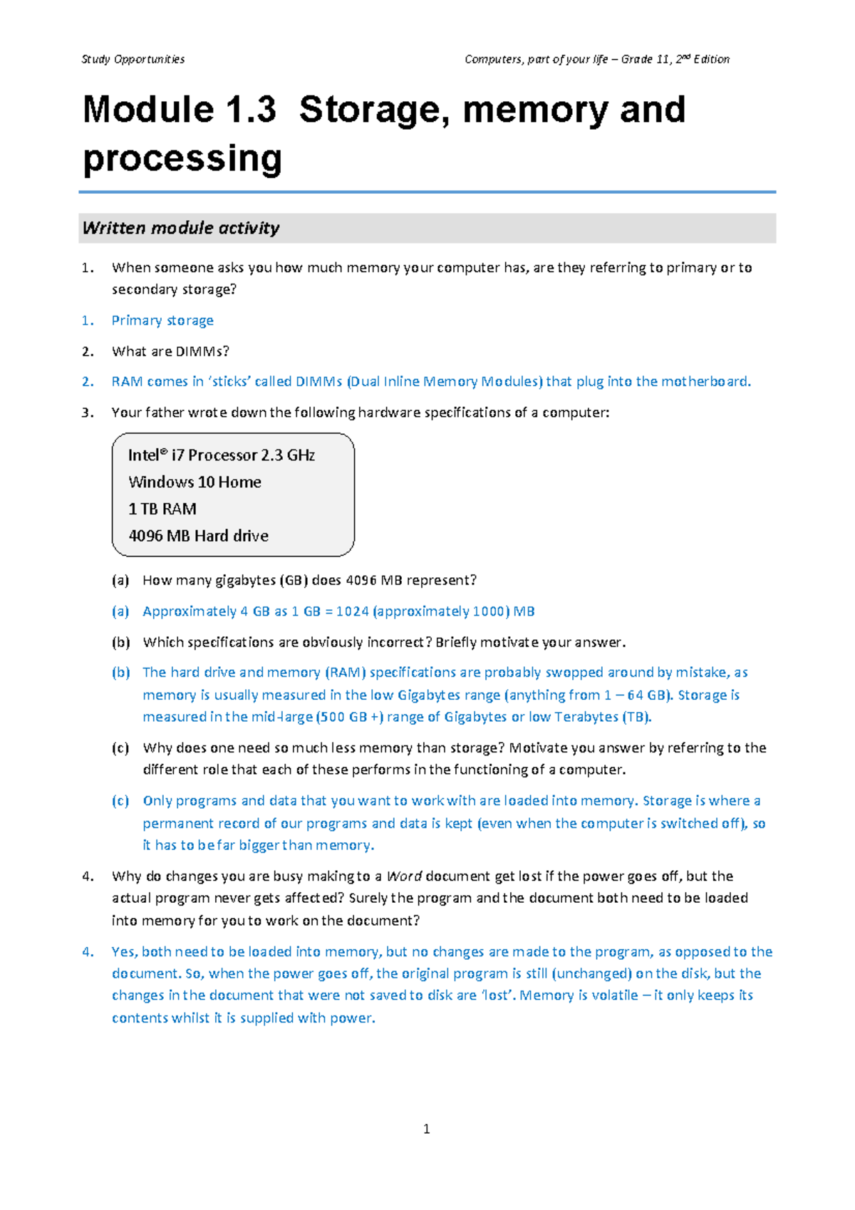 CAT Gr 11 - Mod 1_3 to 1_5 Answers - Module 1 Storage, memory and processing Written module ...