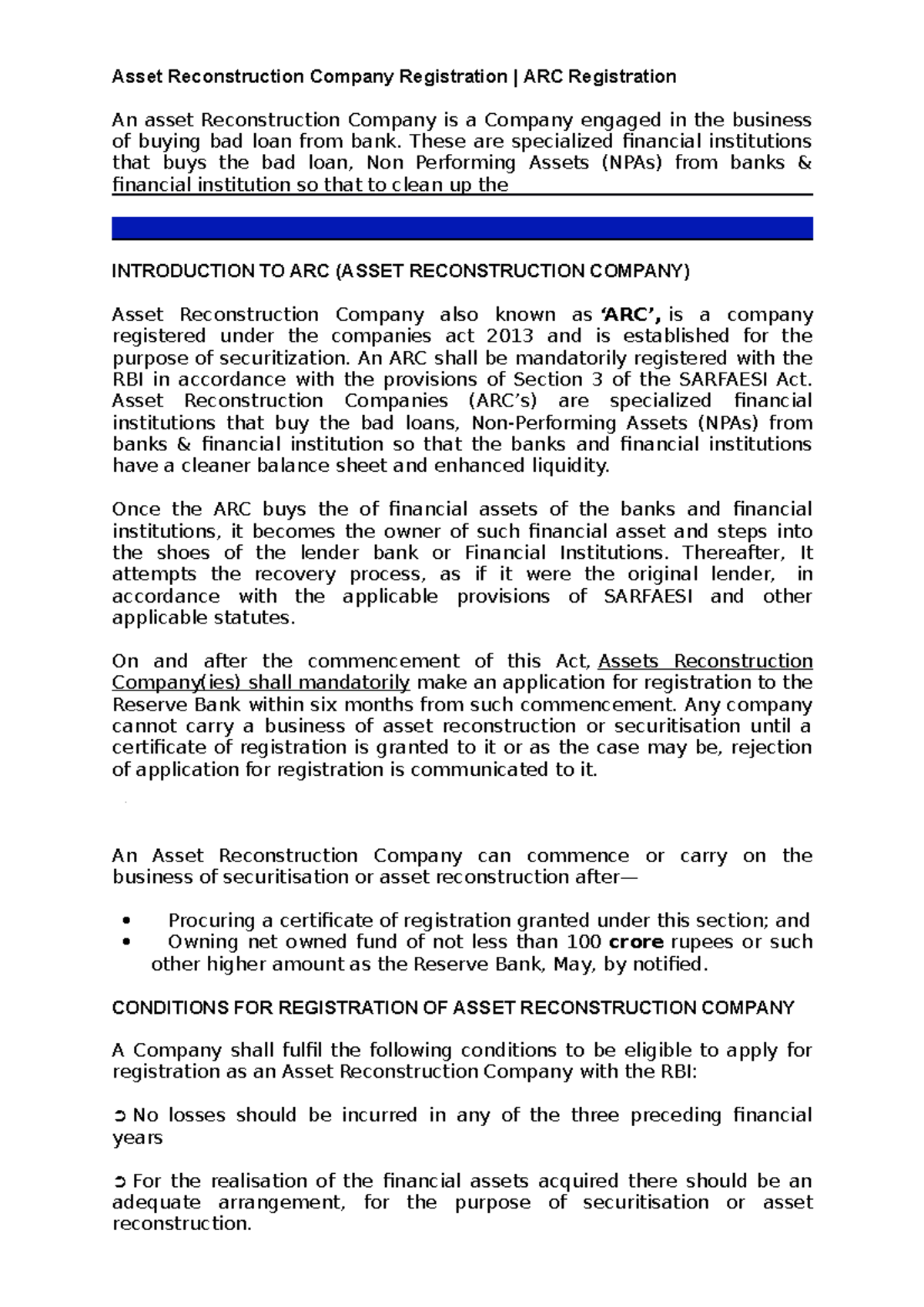 Asset Reconstruction Company Registration - These are specialized ...