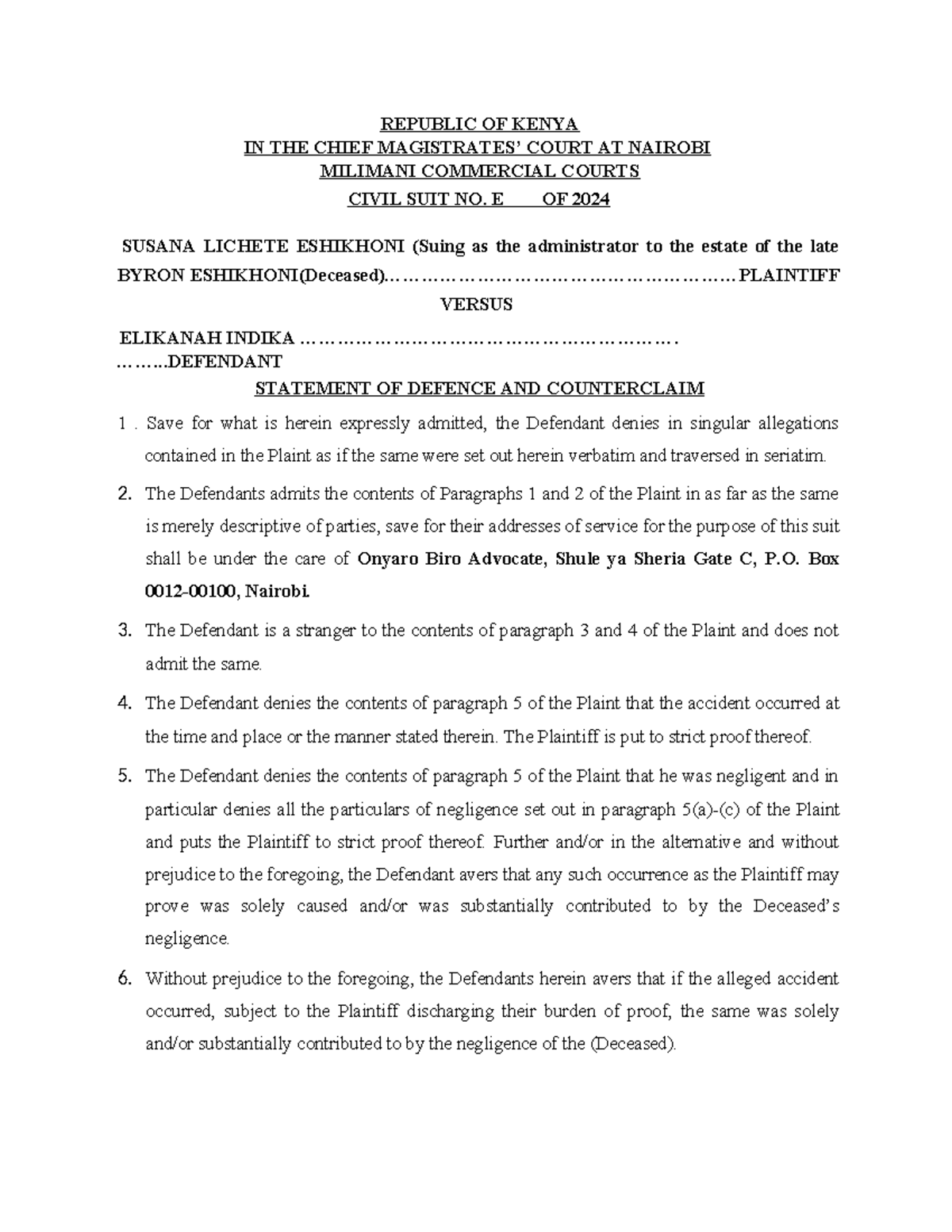 Defence-counterclaim - REPUBLIC OF KENYA IN THE CHIEF MAGISTRATES ...