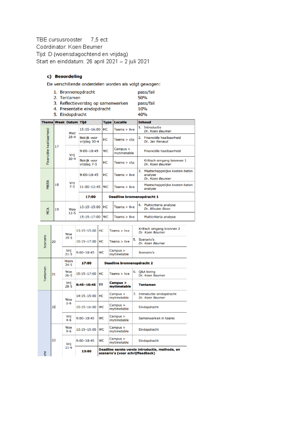 TBE cursusrooster - overzicht van de cursus rooster, doel en materiaal ...