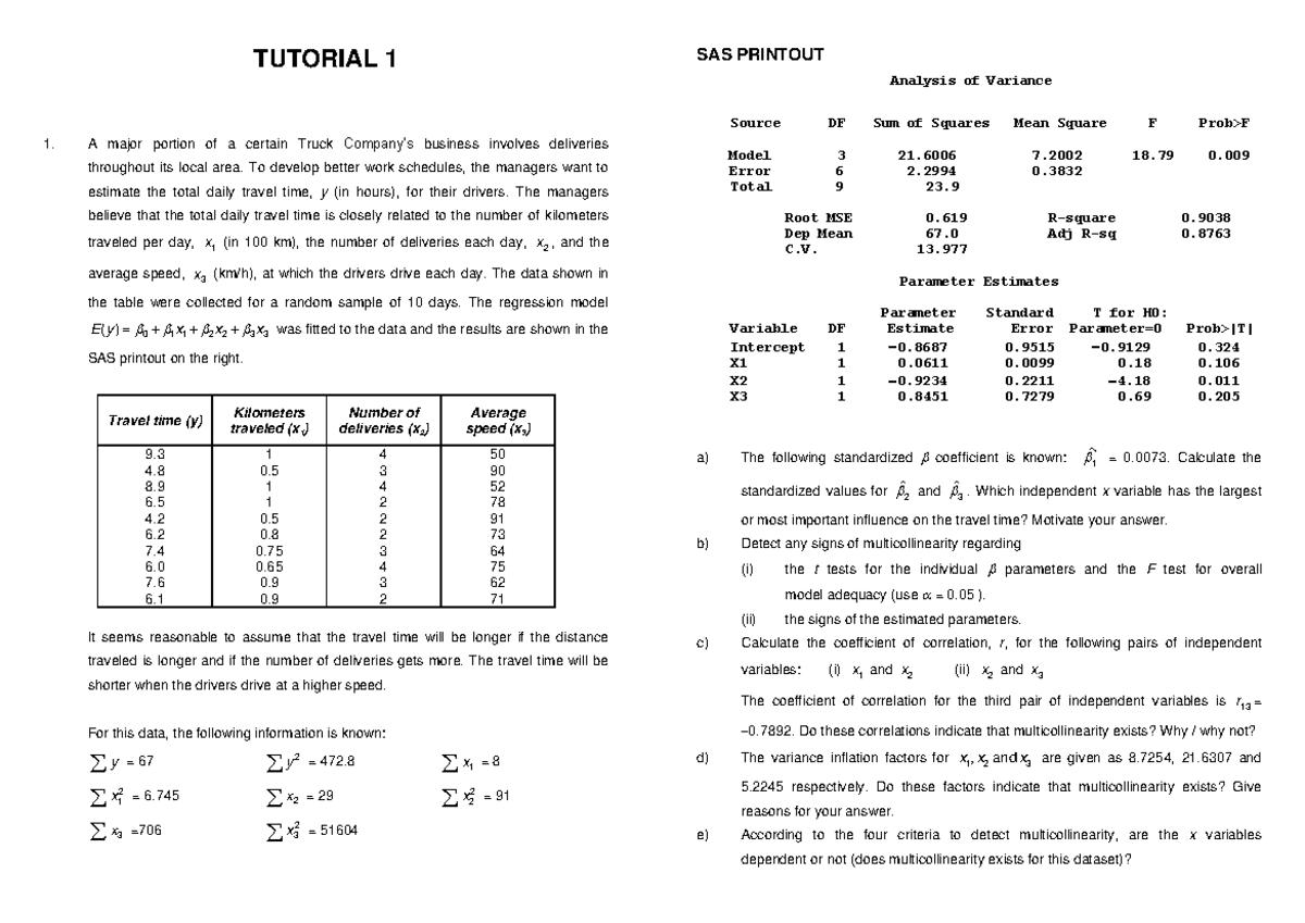Tut1 - Tutorial 1_ Lecture 1 and Lecture 2 - TUTORIAL 1 A major portion of a certain Truck ...